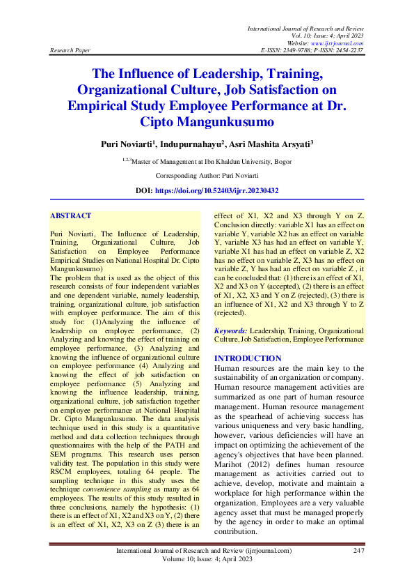 (PDF) The Influence of Leadership, Training, Organizational Culture, Job Satisfaction on ...