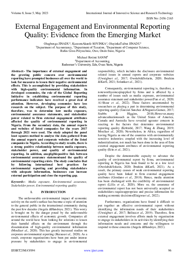 (PDF) External Engagement and Environmental Reporting Quality: Evidence ...