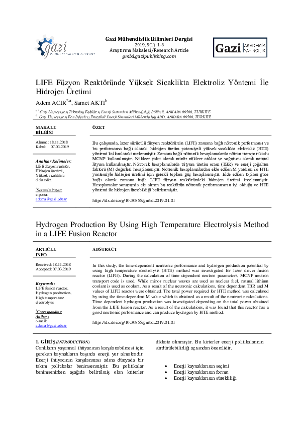 (PDF) Hydrogen Production By Using High Temperature Electrolysis Method in a LIFE Fusion Reactor
