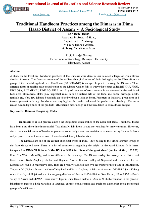 (PDF) Traditional Handloom Practices among the Dimasas in Dima Hasao District of Assam -A ...