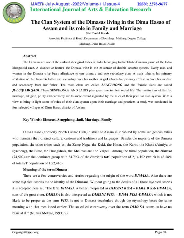 (PDF) The Clan System of the Dimasas living in the Dima Hasao of Assam and its role in Family ...