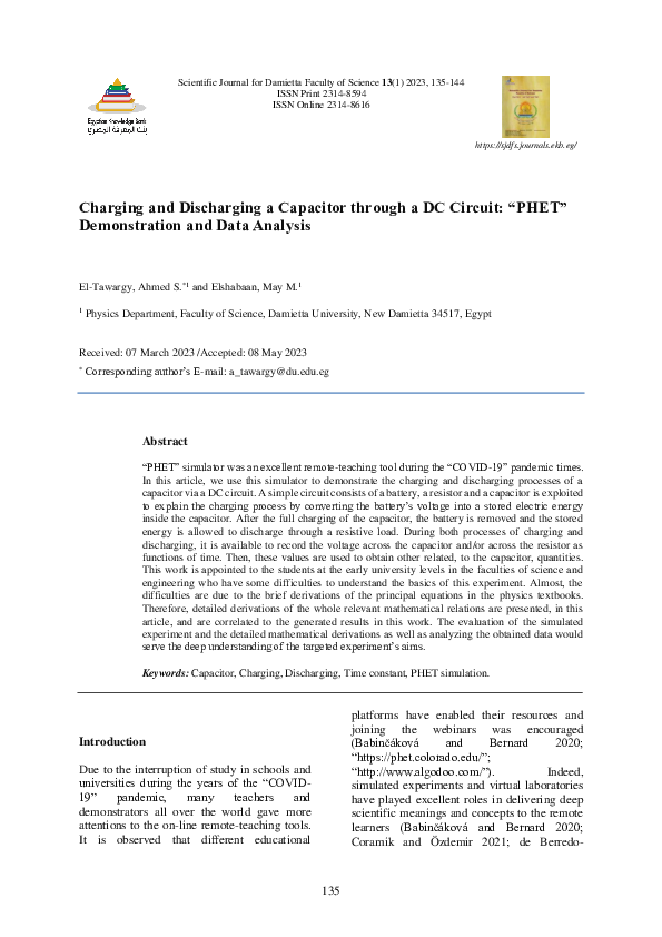 (PDF) Charging and discharging a capacitor through a DC circuit: “PHET” demonstration and data ...