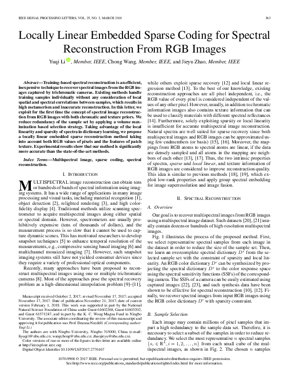 Pdf Locally Linear Embedded Sparse Coding For Spectral Reconstruction From Rgb Images