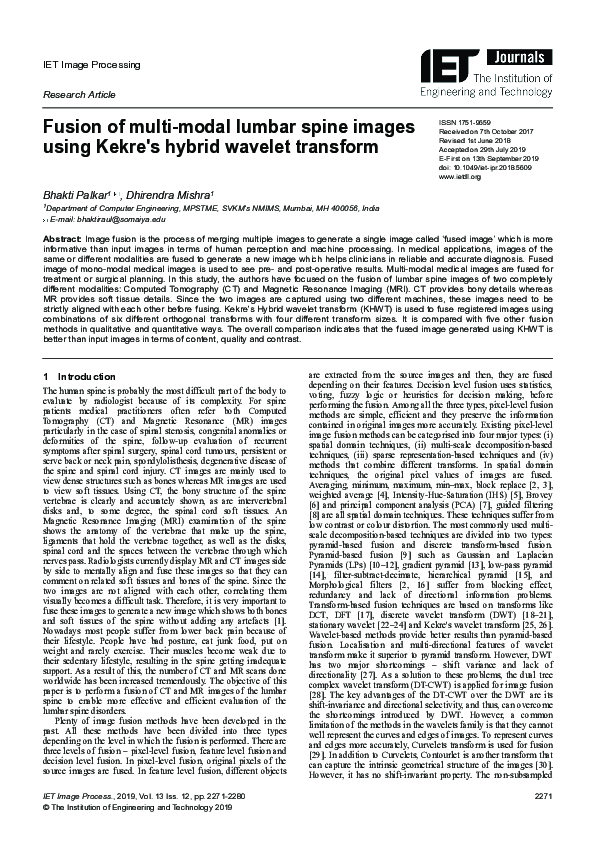 (PDF) Fusion of Multimodal Lumbar Spine Images Using Kekre’s Wavelet Transform