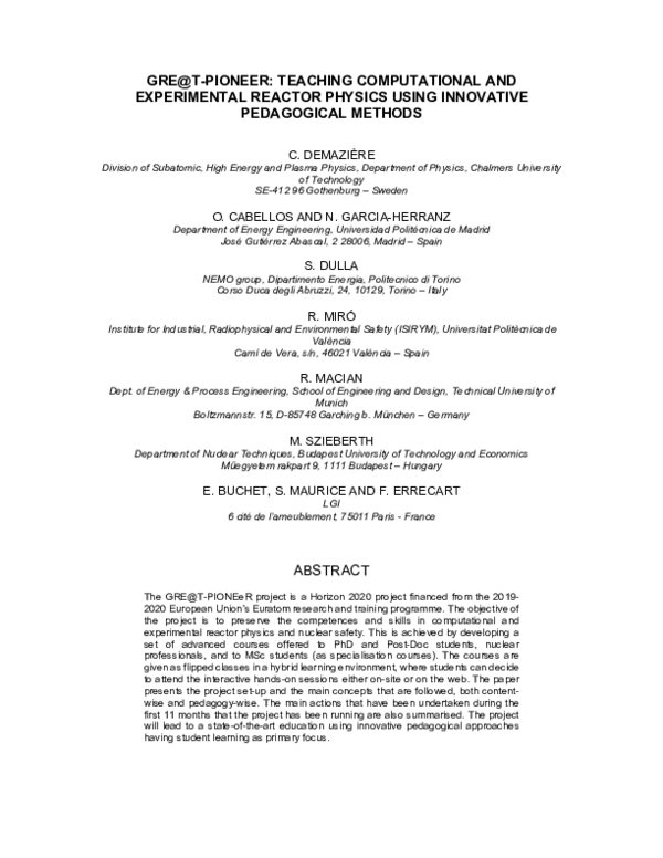 (PDF) GRE@T-PIONEeR: Teaching computational and experimental reactor physics using innovative ...