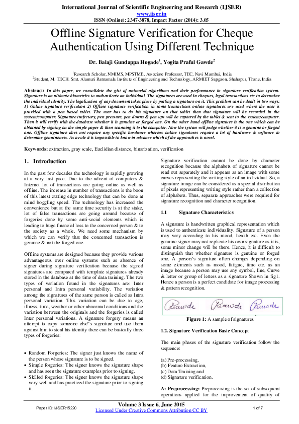 (PDF) Offline Signature Verification for Cheque Authentication Using Different Technique