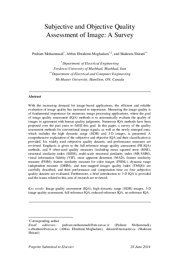 (PDF) Subjective and Objective Quality Assessment of Image: A Survey
