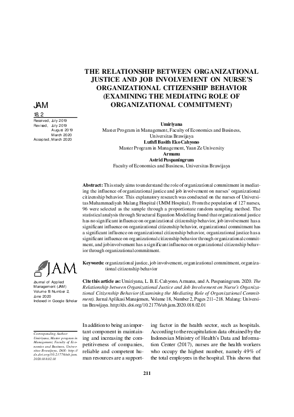(PDF) The Relationship Between Organizational Justice and Job Involvement on Nurse’s ...