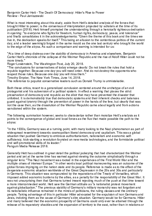 (PDF) Benjamin Carter Hett - The Death Of Democracy / Review - Paul ...