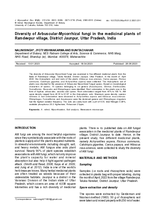 (PDF) Diversity of Arbuscular-Mycorrhizal fungi in the medicinal plants of Ramdevpur village ...