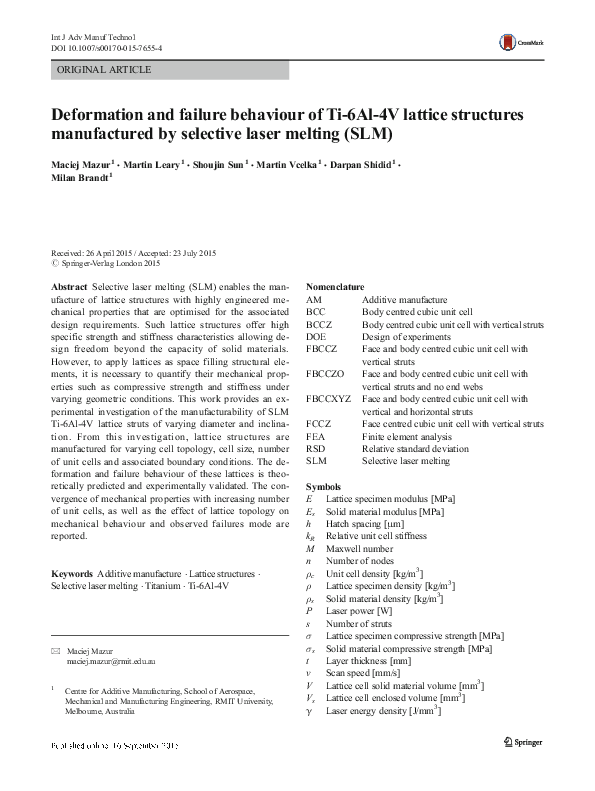 (PDF) Deformation and failure behaviour of Ti-6Al-4V lattice structures manufactured by ...