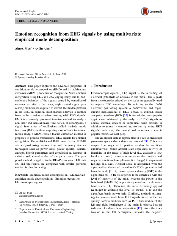 Pdf Emotion Recognition From Eeg Signals By Using Multivariate