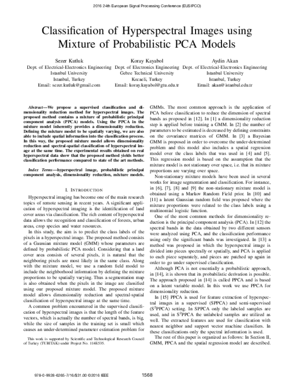 (PDF) Classification of hyperspectral images using mixture of probabilistic PCA models