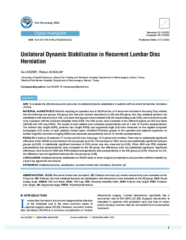 (PDF) Unilateral dynamic stabilization in recurrent lumbar disc herniation