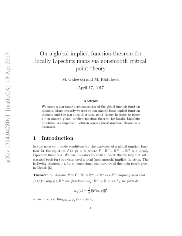 Pdf On A Global Implicit Function Theorem For Locally Lipschitz Maps Via Non Smooth Critical