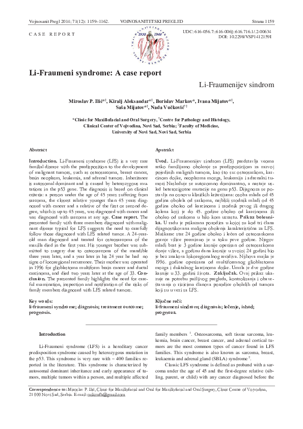 (PDF) Li-fraumeni syndrome: A case report | Momir Sarac - Academia.edu