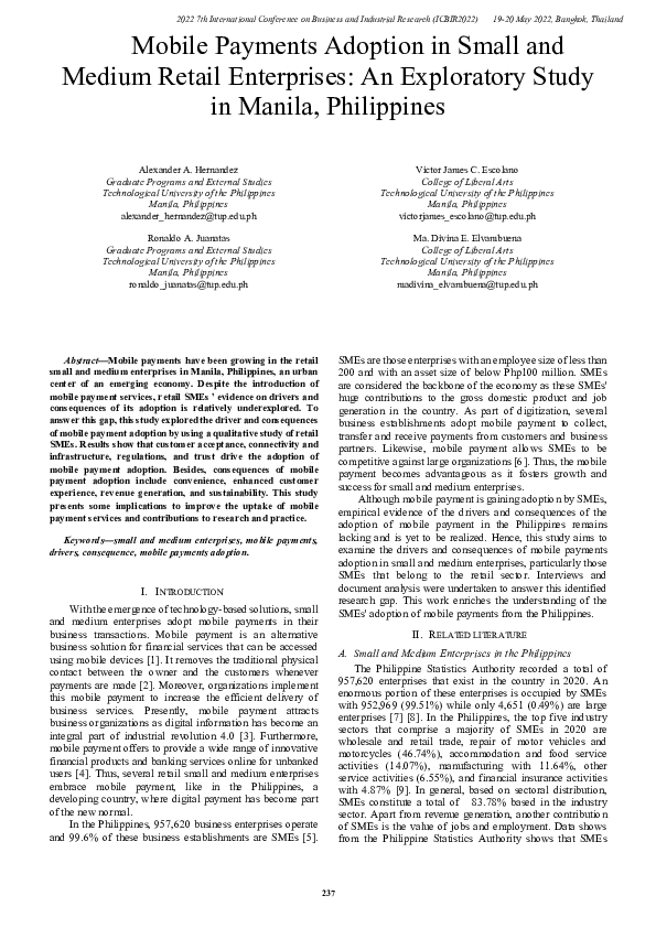 (PDF) Mobile Payments Adoption in Small and Medium Retail Enterprises: An Exploratory Study in ...