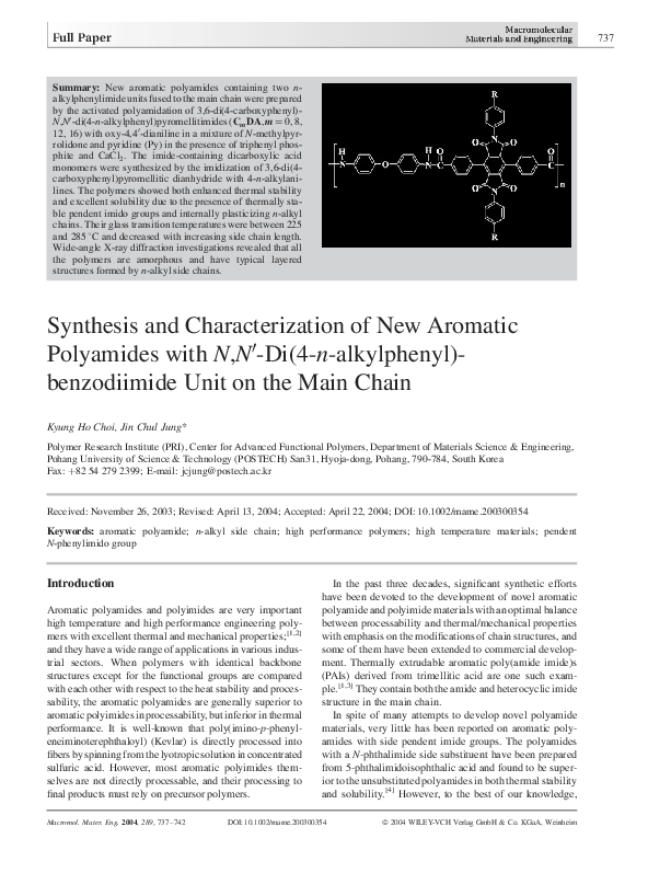 (PDF) Synthesis and characterization of new aromatic polyamides bearing ...