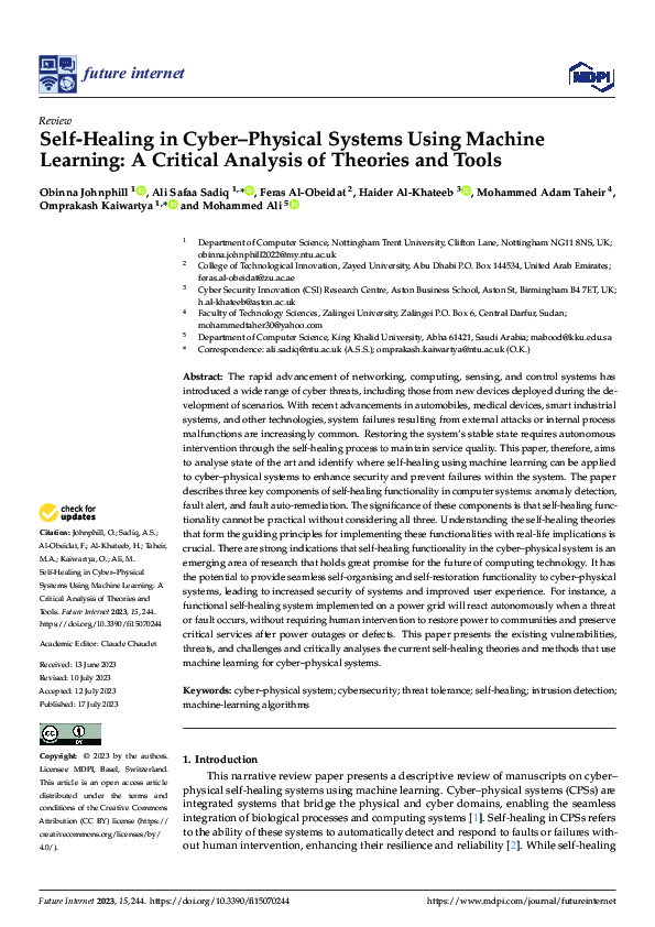 (PDF) Self-Healing in Cyber–Physical Systems Using Machine Learning: A Critical Analysis of ...