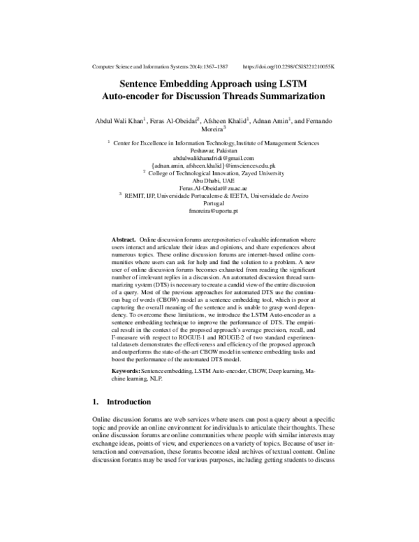 Pdf Sentence Embedding Approach Using Lstm Auto Encoder For Discussion Threads Summarization