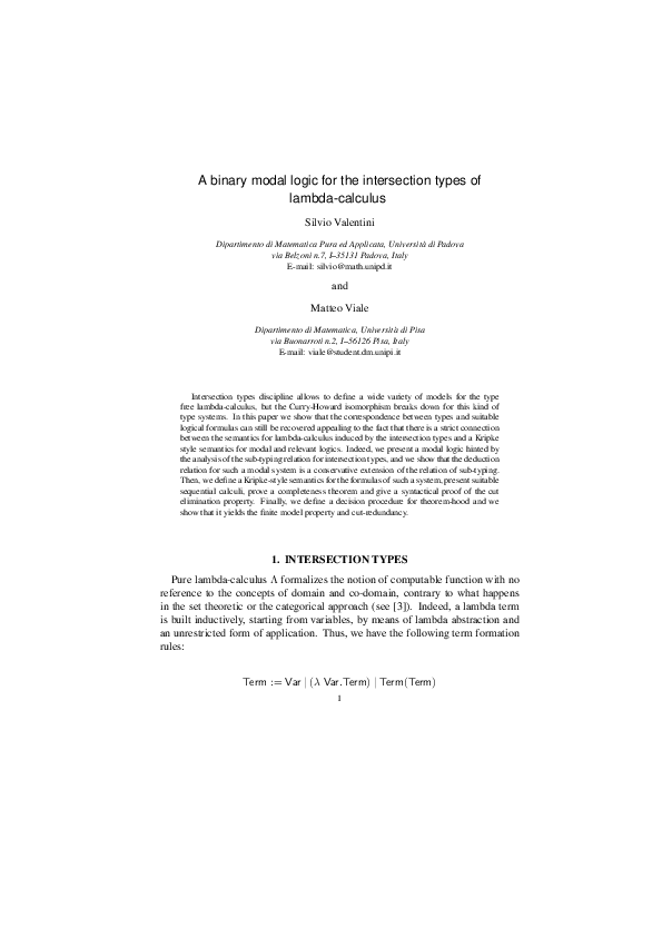 (PDF) A binary modal logic for the intersection types of lambda-calculus