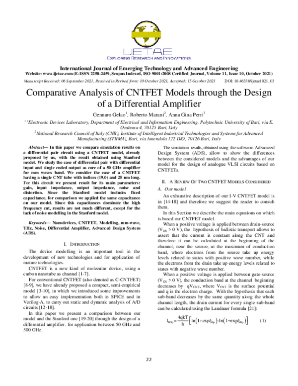 (PDF) Comparative Analysis of CNTFET Models through the Design of a ...