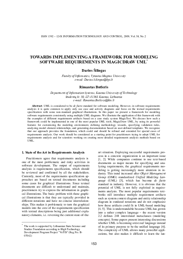 (PDF) Towards Implementing a Framework for Modeling Software Requirements in Magicdraw Uml