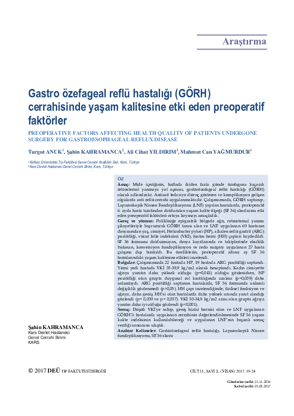 (PDF) Gastro özefageal reflü hastalığı (GÖRH) cerrahisinde yaşam ...