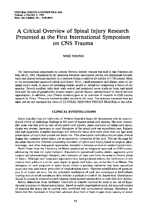 (PDF) A Critical Overview of Spinal Injury Research Presented at the ...
