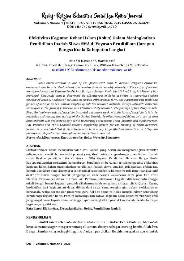 (PDF) Efektivitas Kegiatan Rohani Islam (Rohis) Dalam Meningkatkan Pendidikan Ibadah Siswa SMA ...
