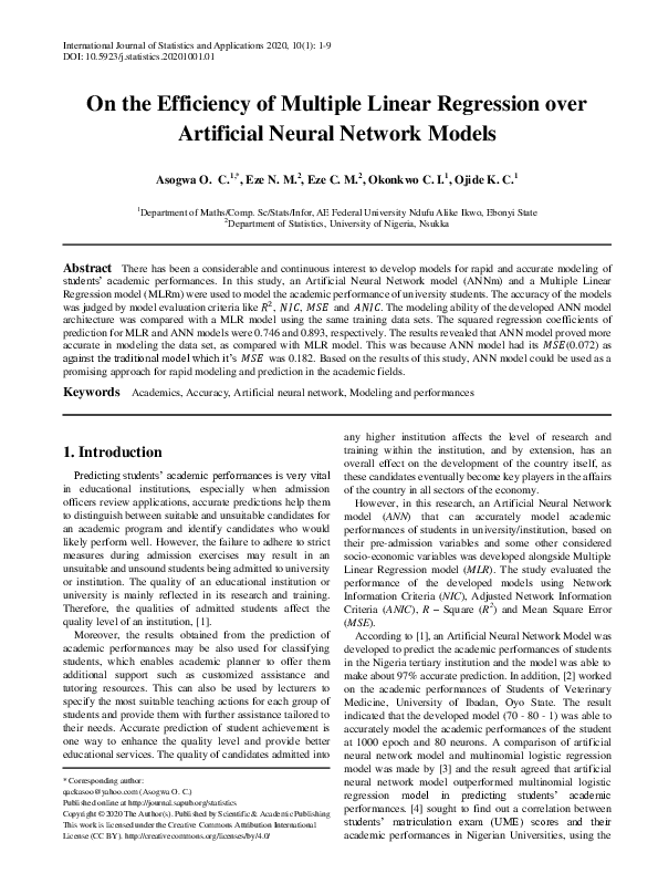 (PDF) On the Efficiency of Multiple Linear Regression over Artificial Neural Network Models