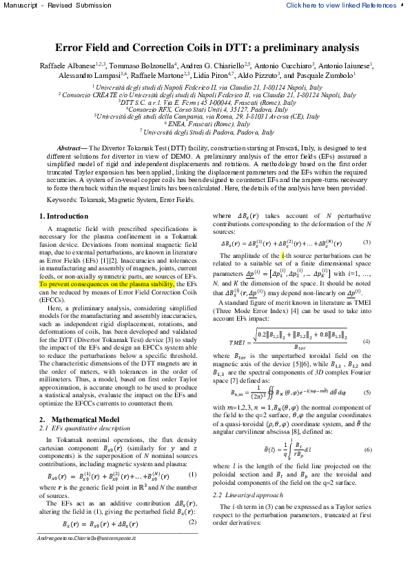 (PDF) Error field and correction coils in DTT: A preliminary analysis