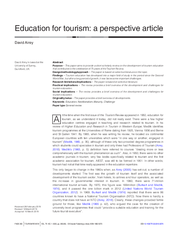 (PDF) Education for tourism: a perspective article