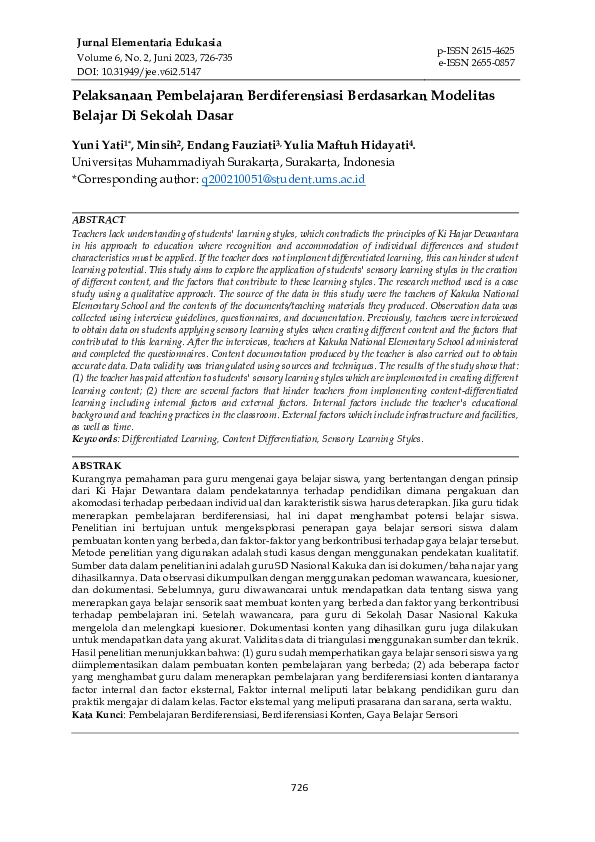 (PDF) Pelaksanaan Pembelajaran Berdiferensiasi Berdasarkan Modelitas Belajar Di Sekolah Dasar
