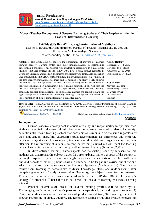 (PDF) Movers Teacher Perceptions of Sensory Learning Styles and Their Implementation in Product ...