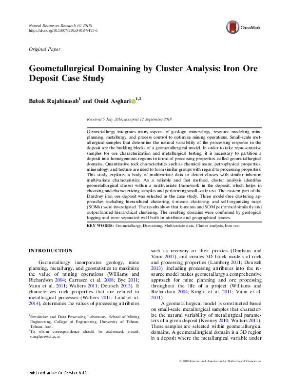 (PDF) Geometallurgical Domaining by Cluster Analysis: Iron Ore Deposit ...