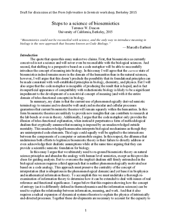 (PDF) Steps to a science of biosemiotics