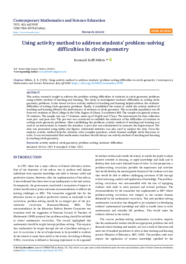 (PDF) Using activity method to address students’ problem-solving difficulties in circle geometry