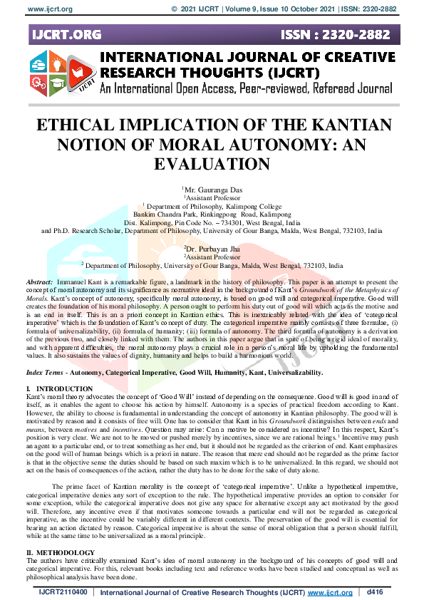 (PDF) Ethical Implication of the Kantian Notion of Moral Autonomy: An Evaluation