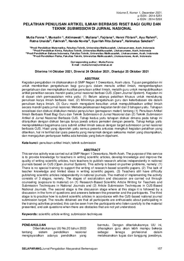 (PDF) Pelatihan Penulisan Artikel Ilmiah Berbasis Riset Bagi Guru Dan Teknik Submission DI ...