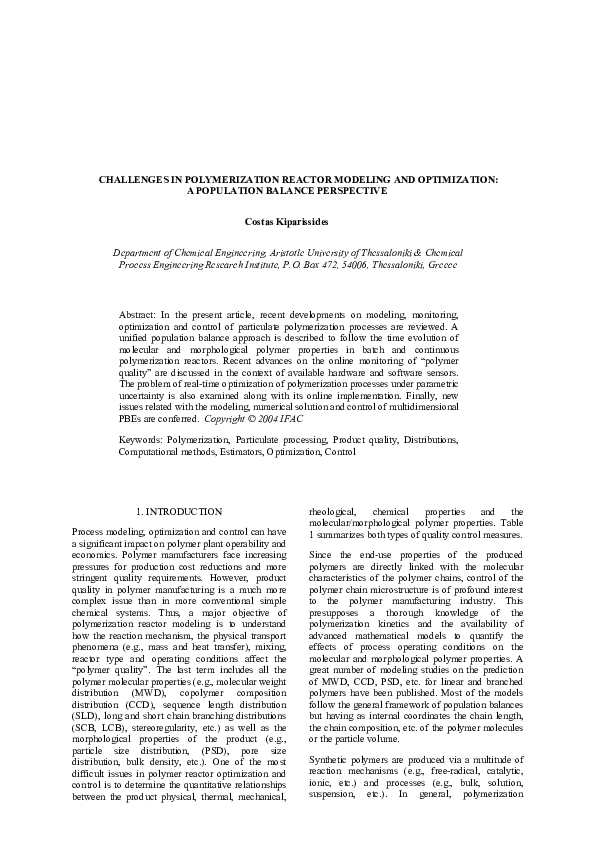 Pdf Challenges In Polymerization Reactor Modeling And Optimization A Population Balance