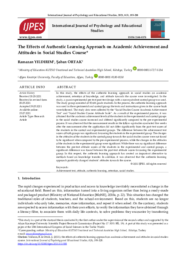 (PDF) The Effects of Authentic Learning Approach on Academic Achievement and Attitudes in Social ...