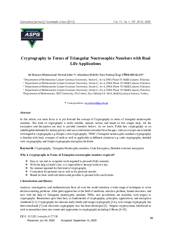 (PDF) Cryptography in Terms of Triangular Neutrosophic Numbers with ...