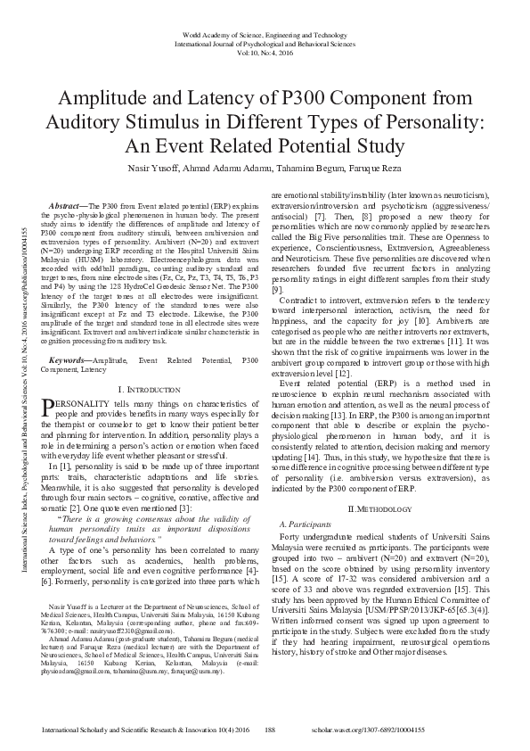 (PDF) Amplitude And Latency Of P300 Component From Auditory Stimulus In Different Types Of ...
