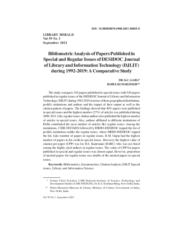 (PDF) Bibliometric Analysis of Papers Published in Special and Regular ...
