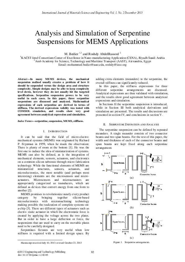 (PDF) Analysis and Simulation of Serpentine Suspensions for MEMS Applications