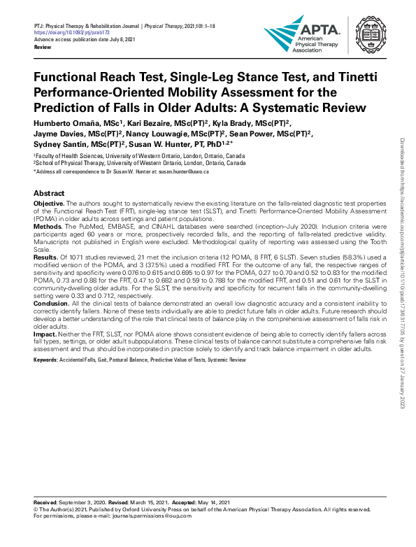 (PDF) Functional Reach Test, Single-Leg Stance Test, and Tinetti ...
