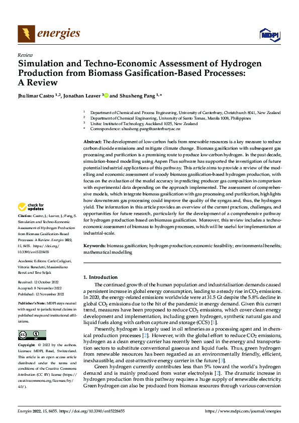 (PDF) Simulation and Techno-Economic Assessment of Hydrogen Production from Biomass Gasification ...