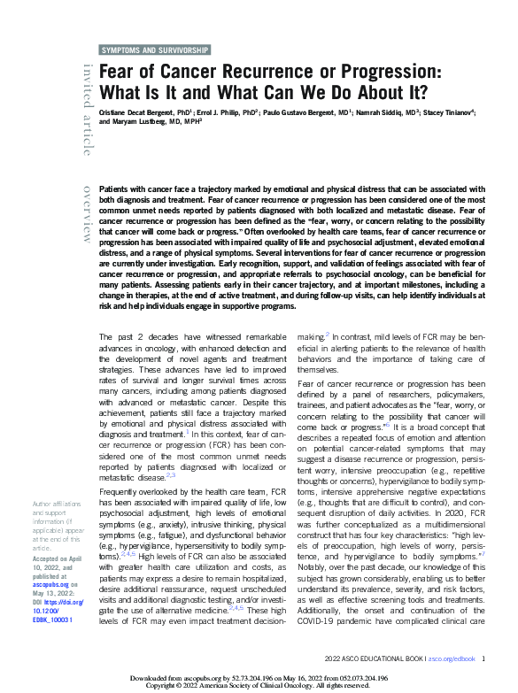 (PDF) Fear of Cancer Recurrence or Progression: What Is It and What Can ...