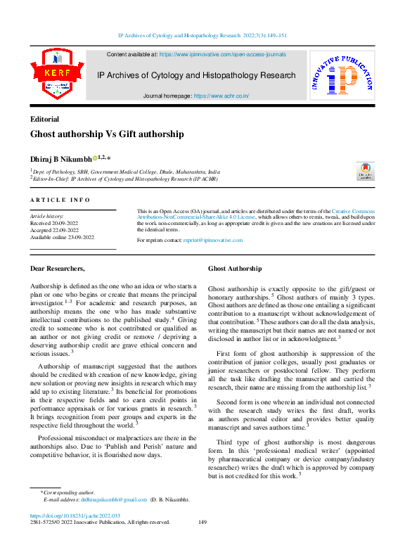 (PDF) Ghost authorship Vs Gift authorship